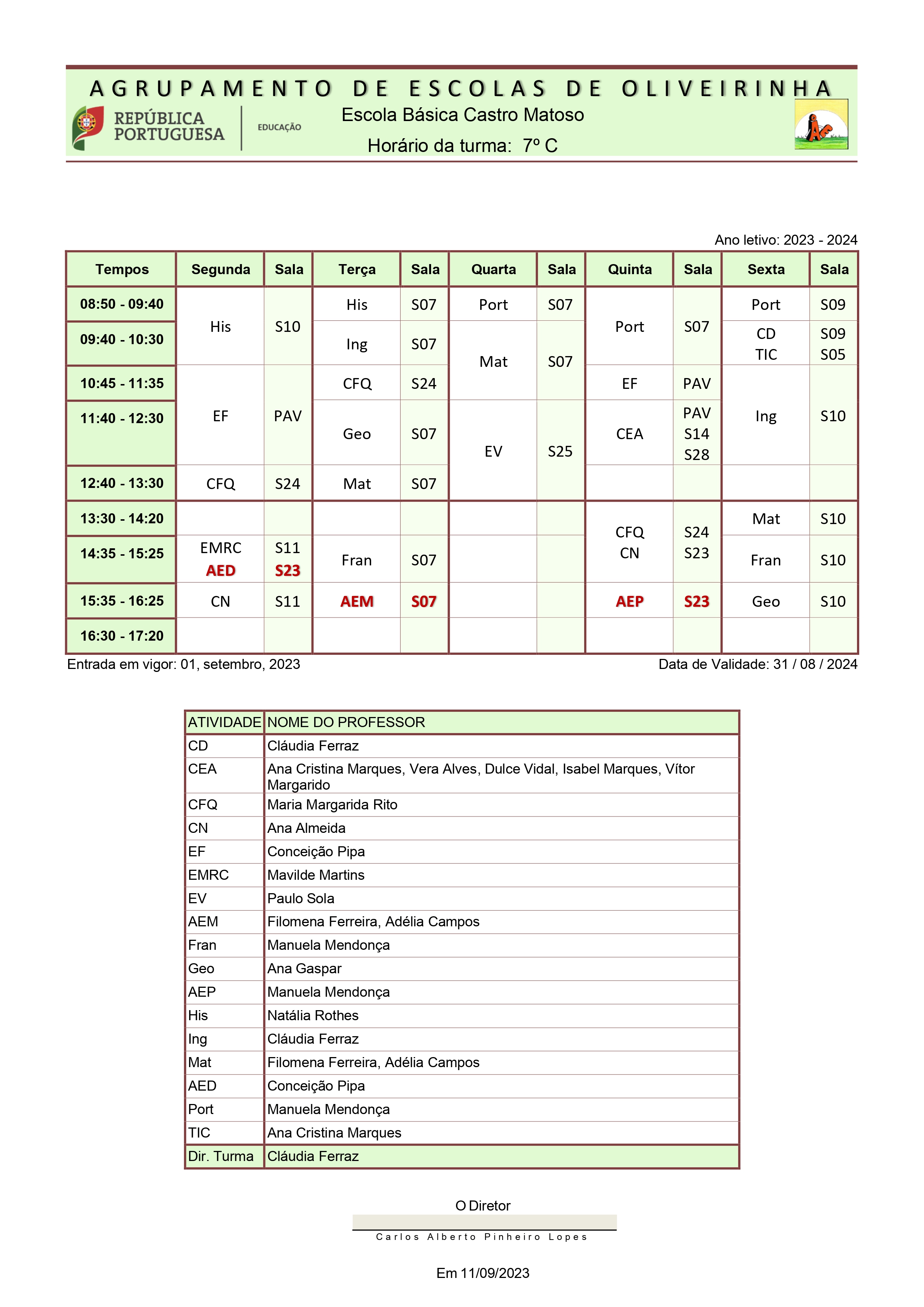 Horários 2023-2024 => 2º e 3º ciclos: 7C