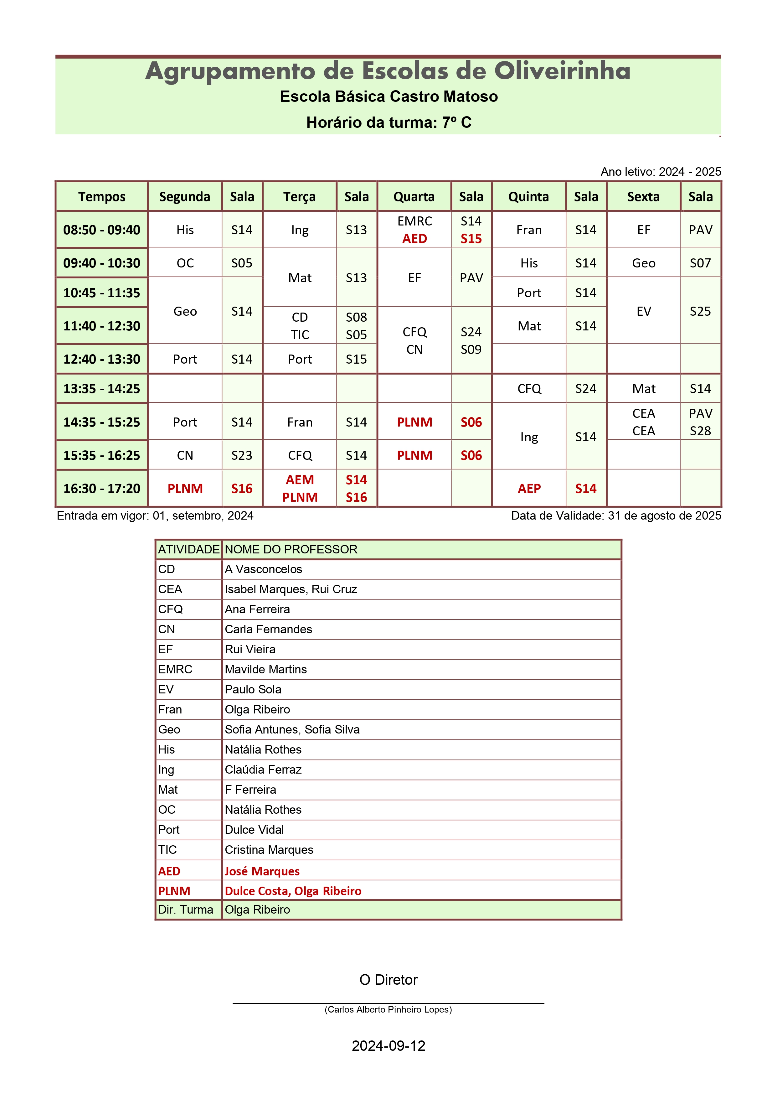 Horários 2º e 3º ciclos (Última atualização em 2024-10-20): 7C